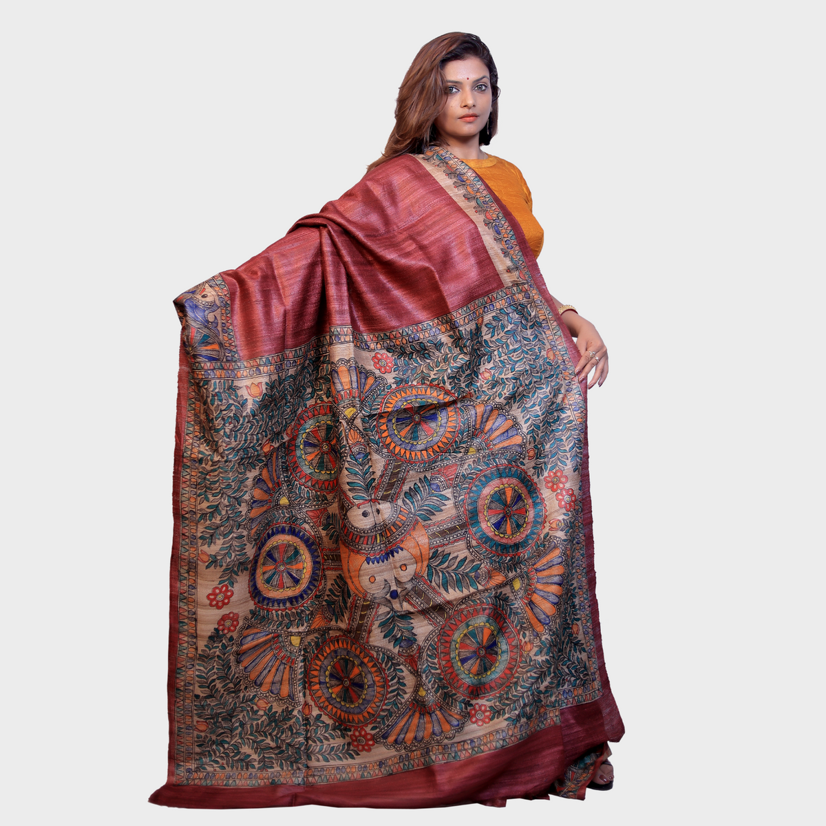 Hand Painted Madhubani Tasar Silk Saree with Lotus Leaf & Fish Design ...