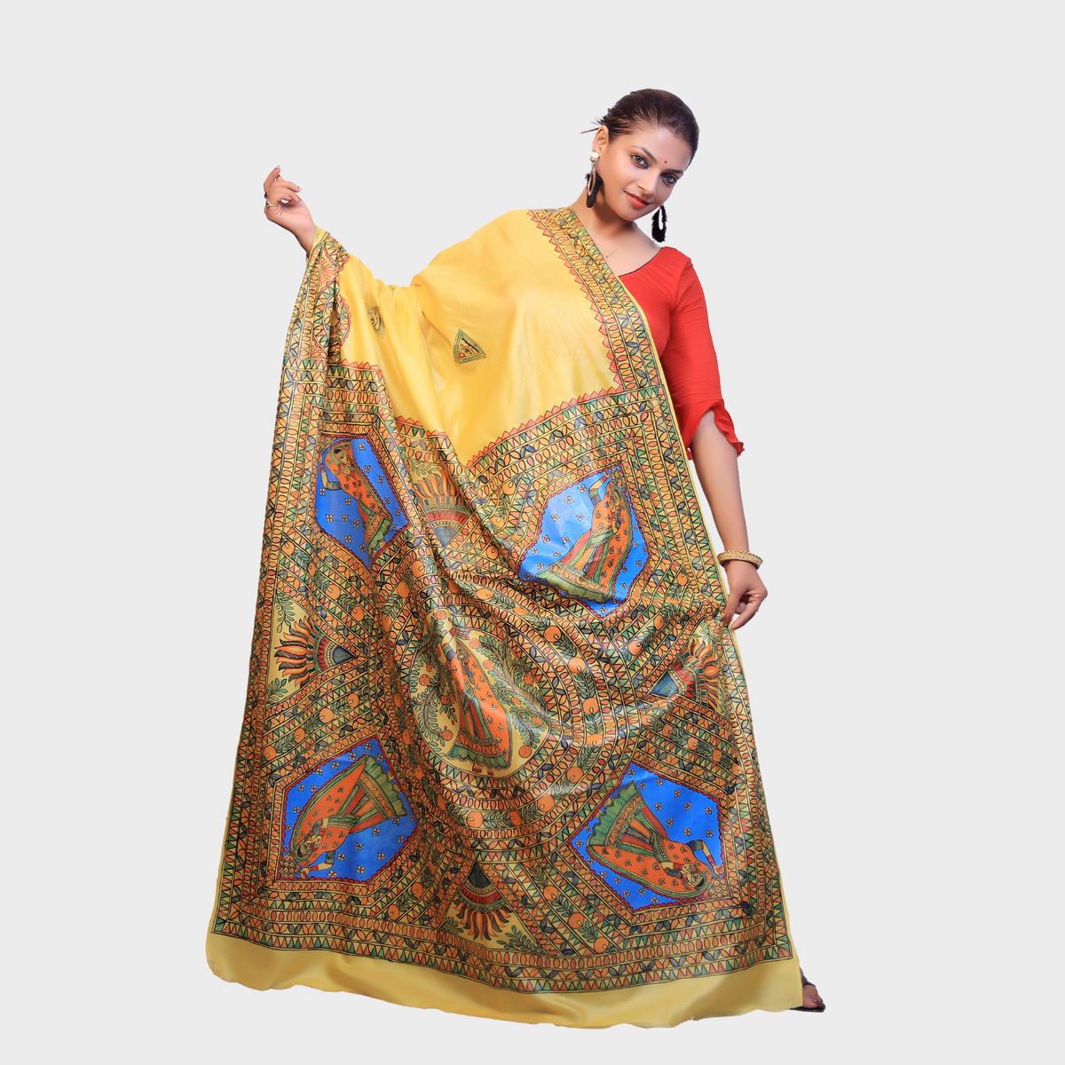 Madhubani Saree with Traditional Naina Jogin & Latpatiya Sugga Design ...